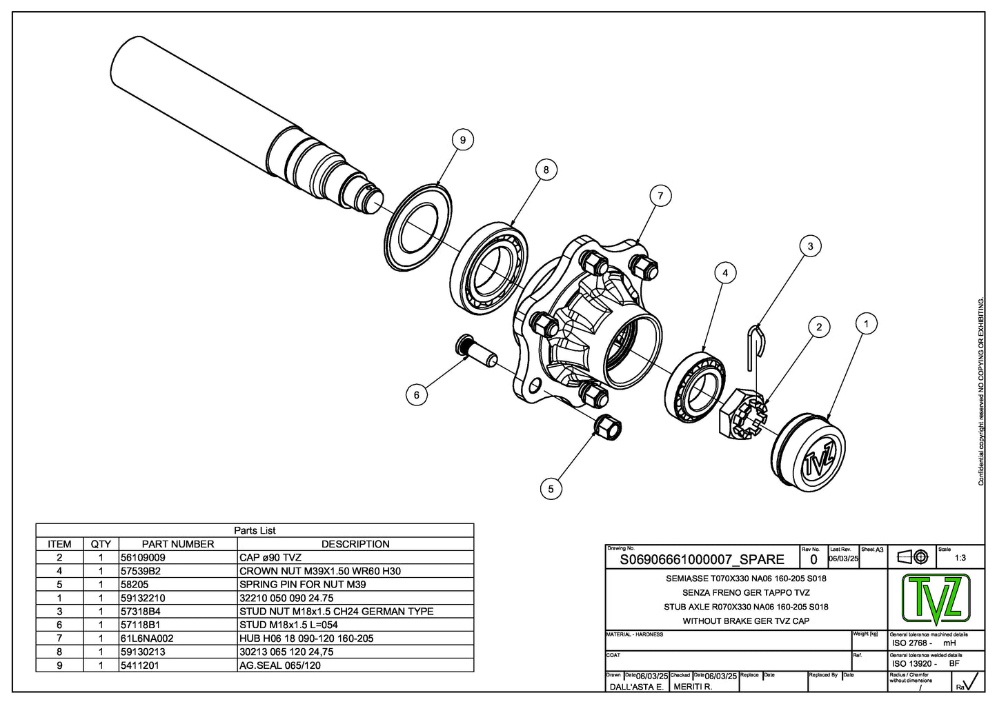 Hub & Spindle Assembly, 6 Bolts, Load Capacity 7.800 lb, Round spindle