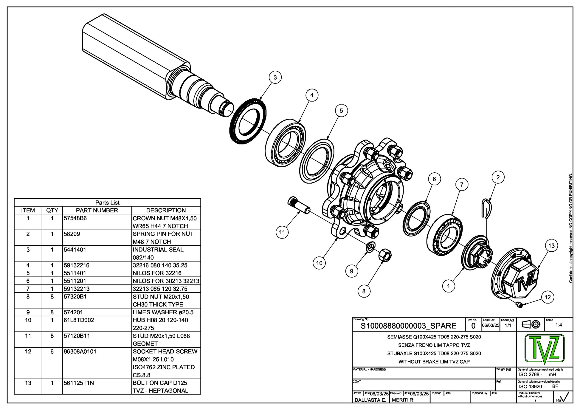 Hub & Spindle Assembly, 8 Bolts, Load Capacity 13,000 lb, Square spind